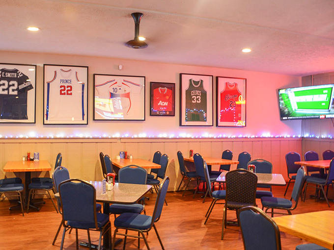 Sports memorabilia lines the walls like a hall of fame for your appetite. The comfortable dining room balances sports bar energy with family restaurant warmth.