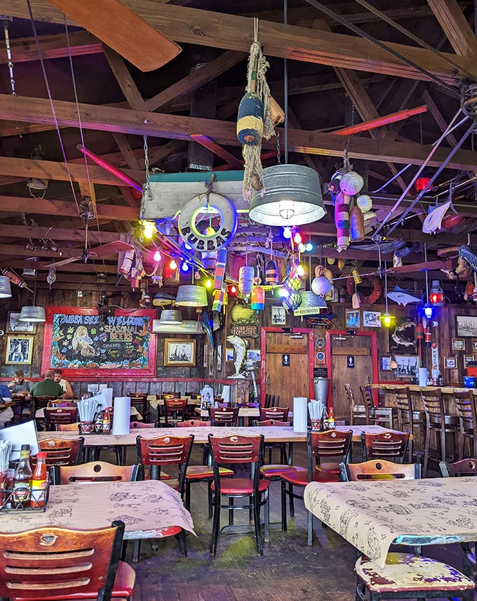Step inside and you've entered seafood paradise. The colorful chaos overhead isn't clutter—it's a maritime museum curated by someone who really loves fishing.