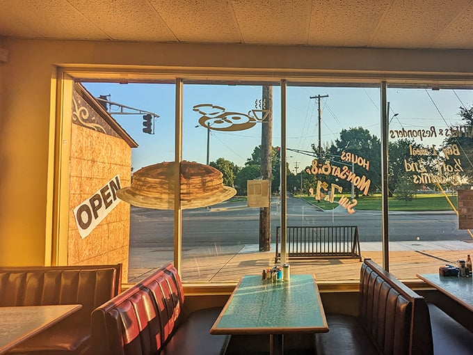 Morning light streams through windows, illuminating turquoise tables where countless Wichita breakfast dreams have come true.
