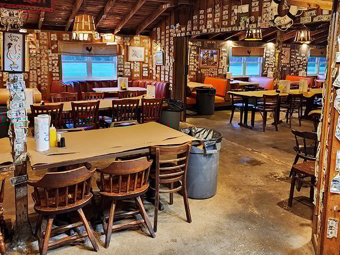Where dollar bills become wallpaper and memories are made—The Red Roost's interior feels like your favorite uncle's cabin, if he happened to be a seafood genius.