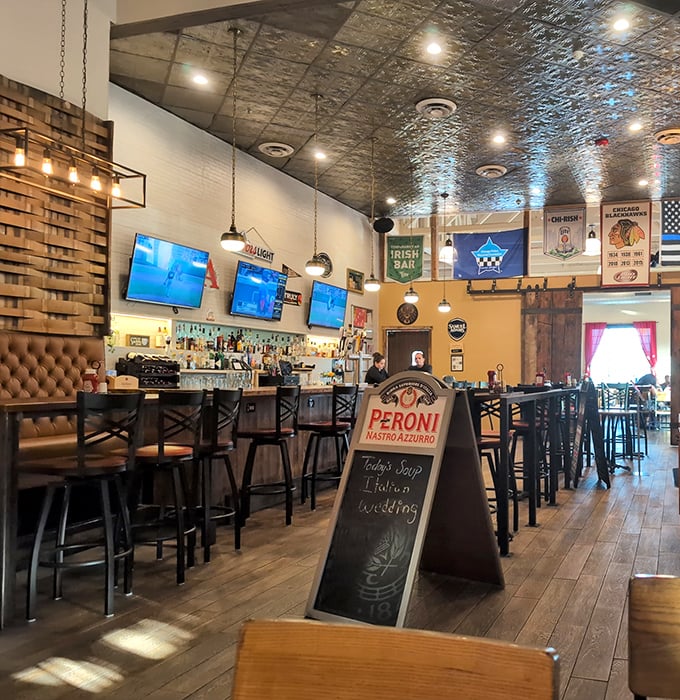 Step inside and the pressed tin ceiling, Chicago sports memorabilia, and warm lighting tell you this isn't just a restaurant—it's a neighborhood institution.