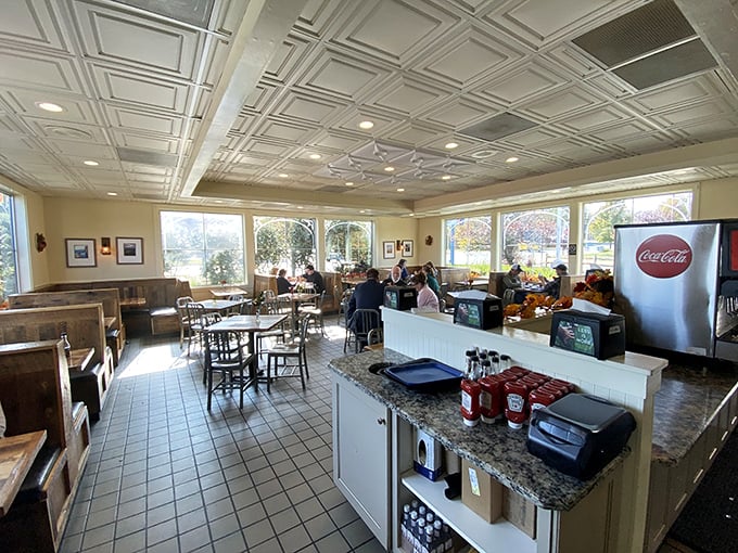 Bright, airy, and unpretentious—the dining room at Spelunker's feels like the community living room where everyone's invited to the party.