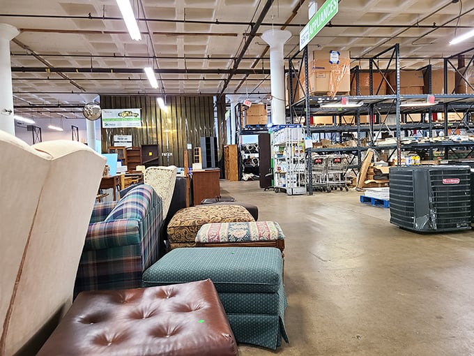 Furniture finds await around every corner, with sofas and ottomans lined up like hopeful contestants at a "Second Chance at Love" reality show.
