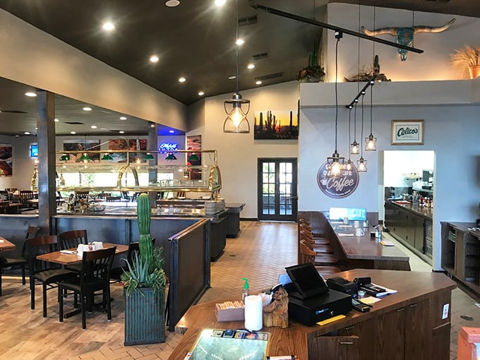 Step inside and breathe easy—Calico's blends Southwestern charm with contemporary comfort. Those pendant lights aren't just illuminating tables; they're spotlighting culinary magic.