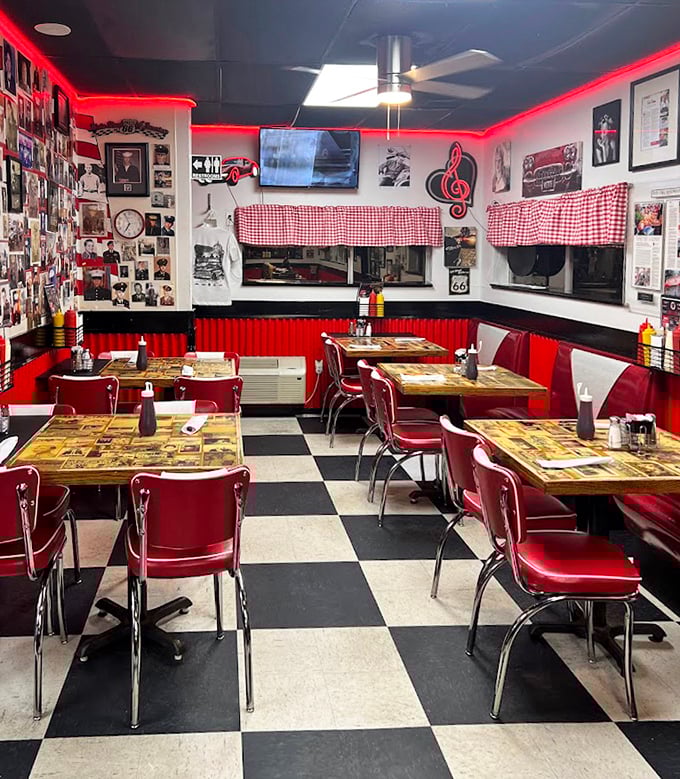 Step inside and time travel to the golden age of American diners—checkerboard floors, red vinyl booths, and walls that tell stories of Route 66 adventures.
