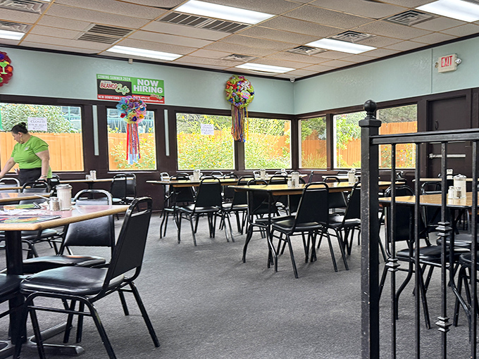 Simple tables, fluorescent lights, and the kind of atmosphere where great food does all the talking.