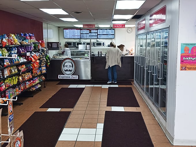 No-frills interior where culinary magic happens. The snack rack isn't decoration—it's the perfect companion for your sandwich masterpiece.
