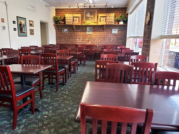 Red chairs, wooden tables, and zero pretension – Miller's dining room feels like the community living room where chicken dreams come true.