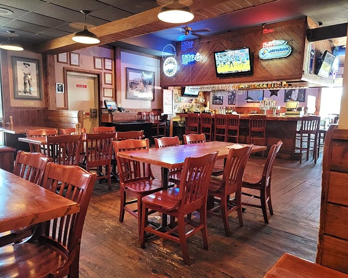 Wood paneling, comfortable seating, and that unmistakable steakhouse ambiance—this isn't just dinner, it's a proper Midwest meat sanctuary.