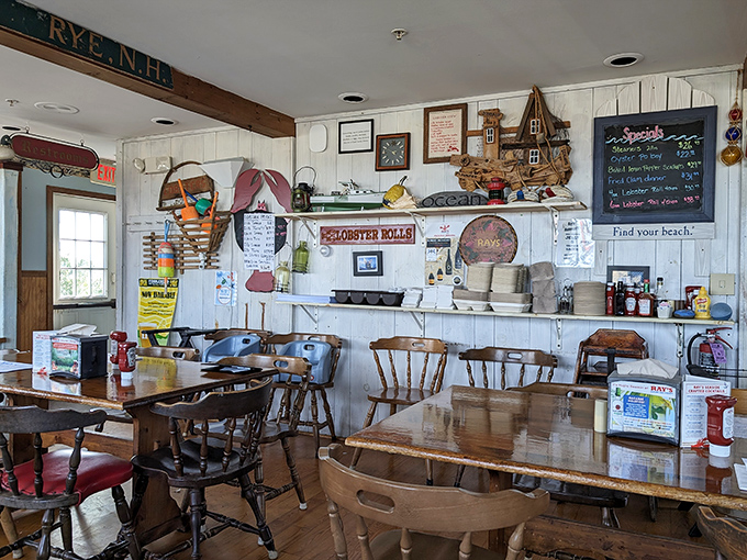 Inside, whitewashed walls adorned with nautical treasures create the perfect backdrop for seafood feasts. That "Lobster Rolls" sign isn't just decoration—it's a promise.
