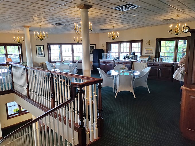 Elegant simplicity defines the upstairs dining area. Those chandeliers aren't just for show—they're illuminating what might be your new favorite meal destination.