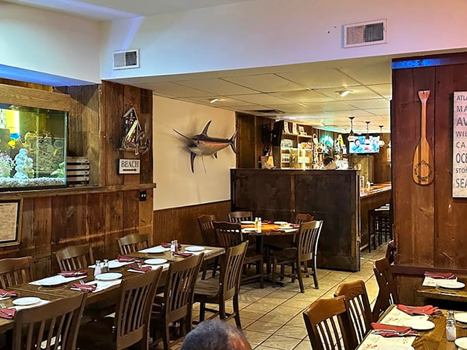 Nautical charm meets no-nonsense dining. The mounted swordfish seems to say, "Trust me, the seafood here is worth the trip."