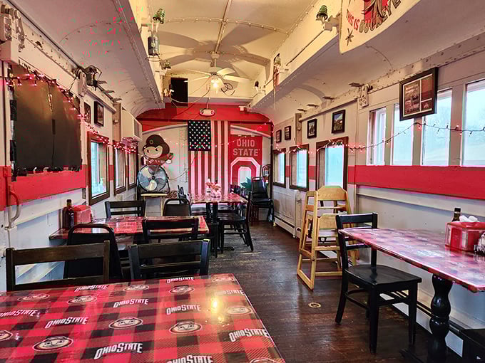 Step inside and you're immediately transported to Buckeye heaven – where Ohio State pride meets classic diner comfort in a genuine vintage train car.