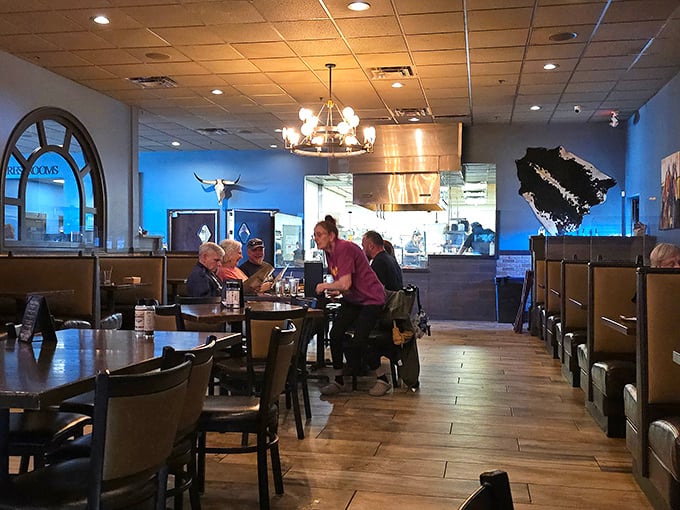 Clean lines and comfortable seating prove you don't need velvet curtains to enjoy a world-class steak dinner.