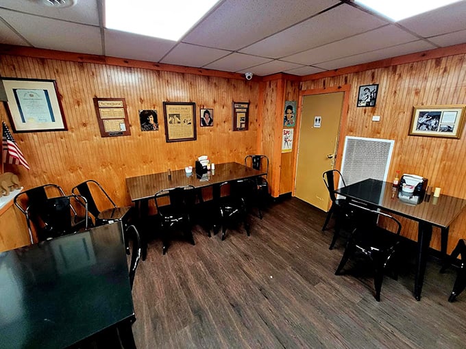 Wood-paneled walls adorned with memorabilia create that perfect "been here forever" vibe where breakfast dreams come true.