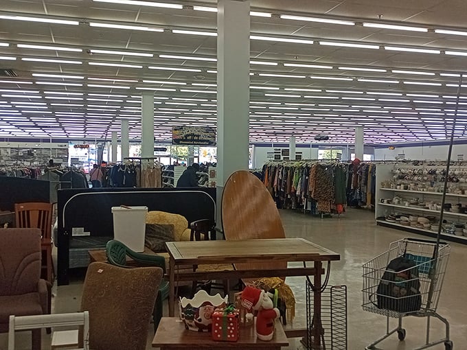 A thrifter's paradise stretches as far as the eye can see, with furniture in the foreground and clothing treasures beckoning from beyond.