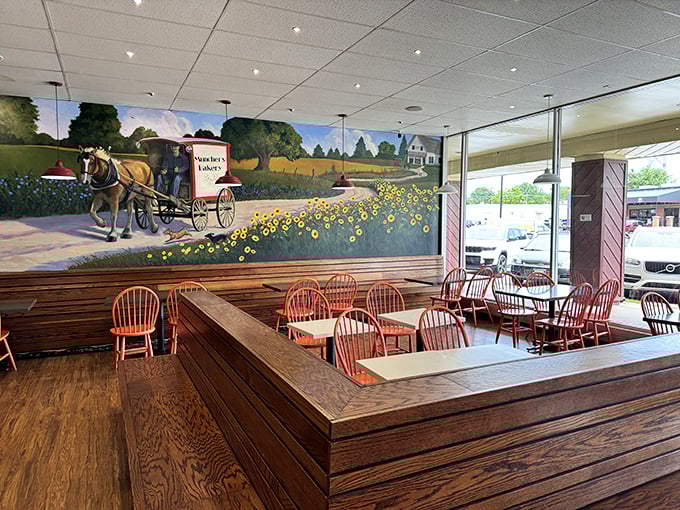 That pastoral mural featuring sunflowers and horse-drawn carriages creates the perfect nostalgic backdrop for serious donut consumption.