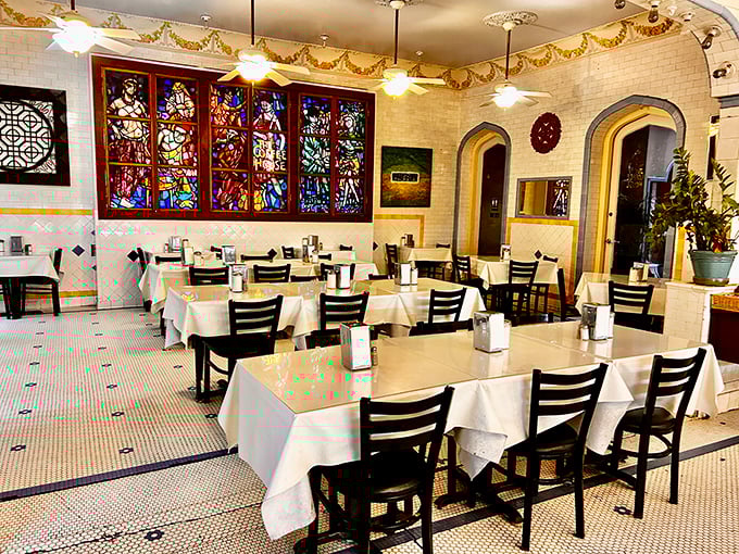 Those stained glass windows aren't just pretty – they're transforming your morning coffee into a religious experience, one beam at a time.