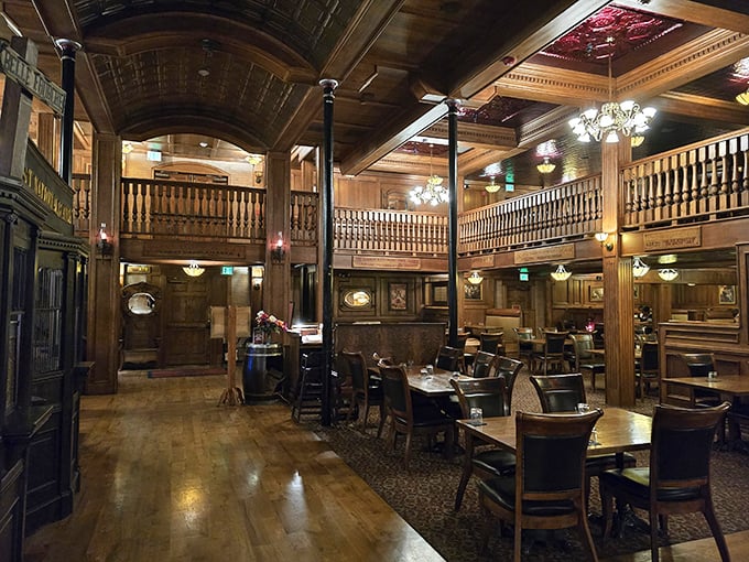 Two-story dining elegance with rich wood paneling and balcony seating that whispers tales of Pendleton's storied past. Architectural eye candy for meat lovers.