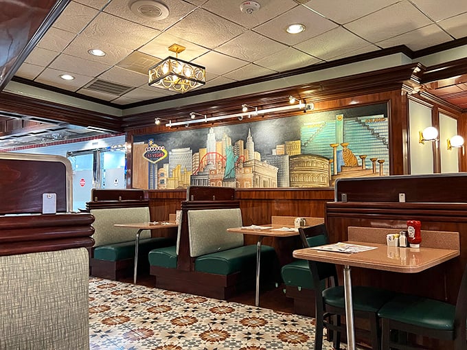 Wood paneling, cozy booths, and that Las Vegas skyline mural – stepping inside Nevada Diner feels like finding the sweet spot between nostalgia and comfort.