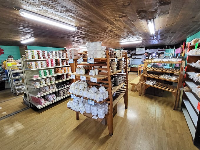 Wooden shelves laden with homemade goodness – this isn't just a bakery, it's a museum where every exhibit is deliciously edible.