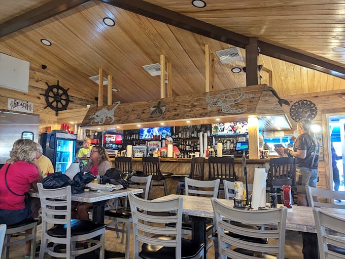Nautical touches and weathered wood create the perfect backdrop for serious eating, where comfort trumps pretension every single time.