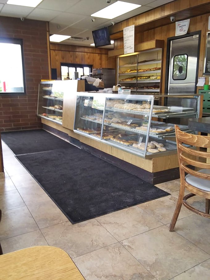 Behind these glass cases lies donut nirvana. The wood-paneled walls aren't trying to impress anyone, but what's in those display cases certainly will.