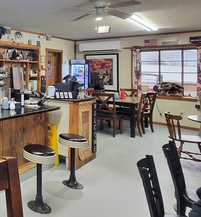 Inside, classic diner charm awaits with counter seating and wooden tables. The "Welcome" sign isn't just decoration—it's the restaurant's entire philosophy.