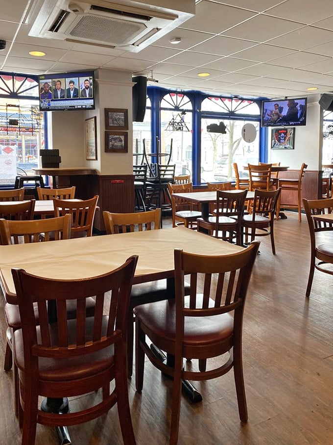Warm wooden furnishings and comfortable seating create the perfect backdrop for both serious eating and casual conversation at this Gettysburg gathering spot.