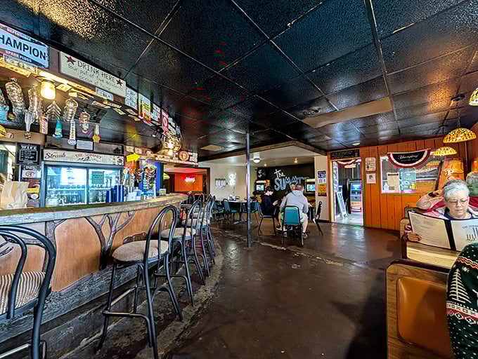 Inside, the dark wood paneling and classic bar create that perfect "everybody knows your name" vibe that makes comfort food taste even better.