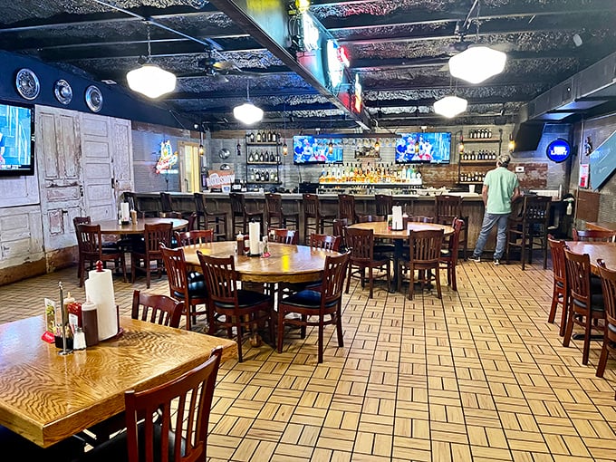 Where rustic meets relaxation. The interior's wood-paneled charm and well-worn tables tell stories of countless satisfied diners before you.