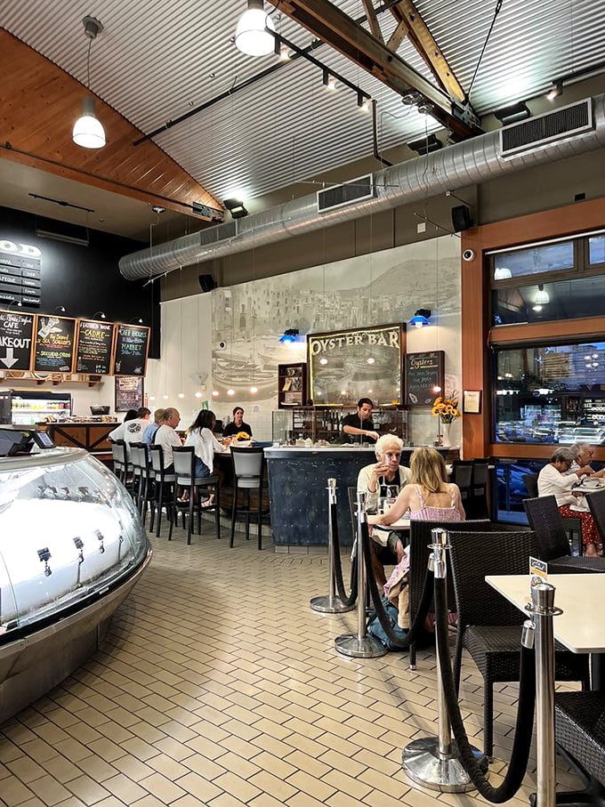 Inside, industrial chic meets maritime charm with an oyster bar that's the stage for some serious shellfish theater.