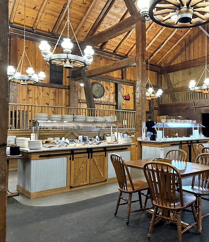 Rustic wooden beams and wagon wheel chandeliers transport you to simpler times. This isn't Disney's version of country charm—it's the real deal.