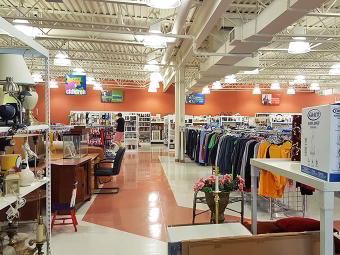 Inside, the spacious, well-organized interior feels more like a department store than a thrift shop, with clear sightlines and colorful walls guiding your treasure hunt.