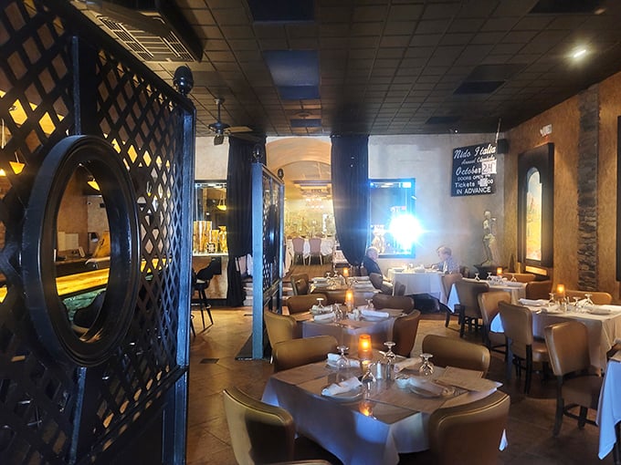 Wooden lattice dividers and warm lighting create intimate dining spaces that whisper, "Stay awhile and forget about those emails piling up."