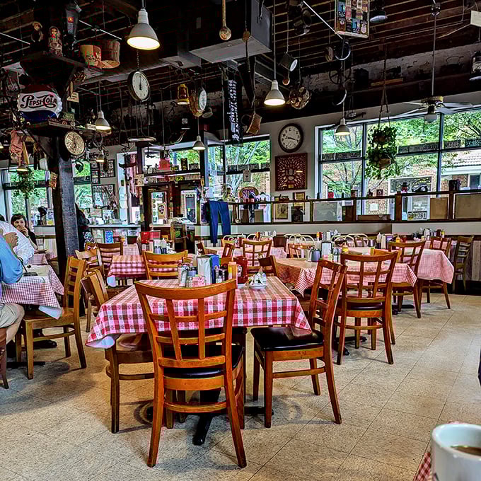 Inside, farm implements dangle from the ceiling like a museum of rural Americana that decided food service was its true calling.