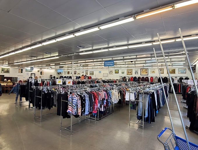 Racks upon racks of possibility! The clothing section stretches out like a textile ocean, each hanger potentially holding your next favorite outfit.