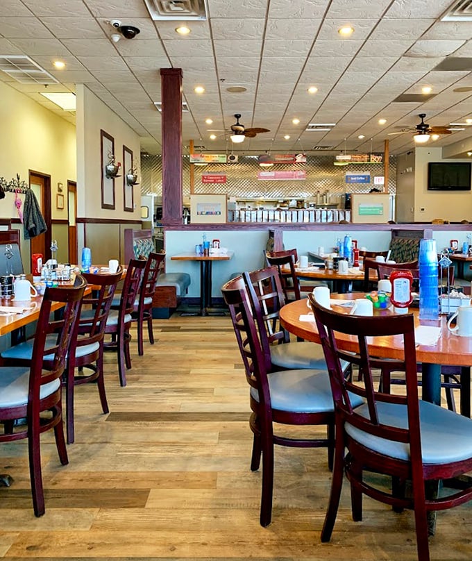 Classic diner charm with none of the grime—wooden chairs that have cradled thousands of satisfied customers through countless coffee refills.