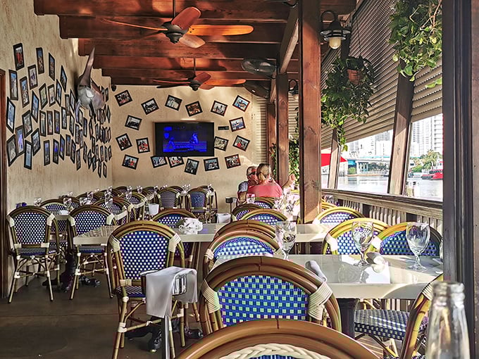Blue-checkered chairs, wooden beams, and river views create the perfect backdrop for seafood feasting—Miami's version of Mediterranean coastal charm.