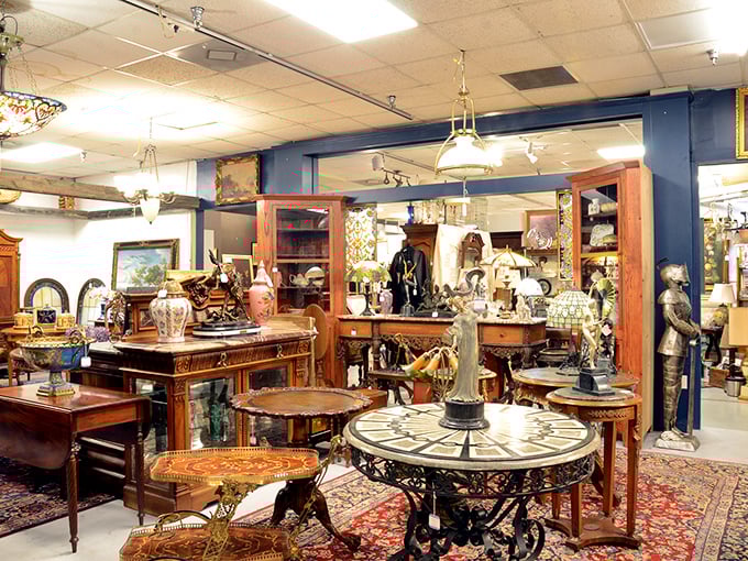 A treasure trove of history where ornate tables and decorative pieces coexist in harmonious chaos. Every corner tells a different decade's story.