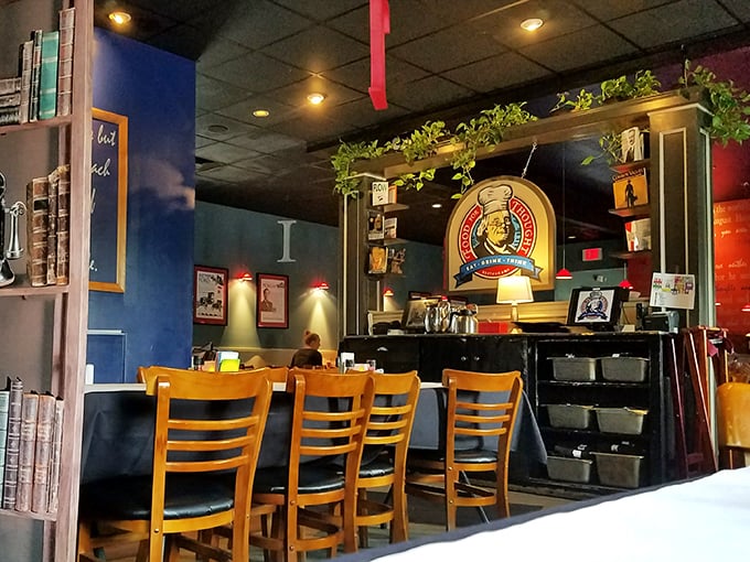 Inside, wooden chairs and blue walls create the perfect backdrop for both deep conversations and delicious comfort food.