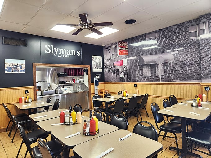 No-frills nostalgia with ceiling fans and simple tables – Slyman's knows fancy decor just distracts from sandwich perfection.