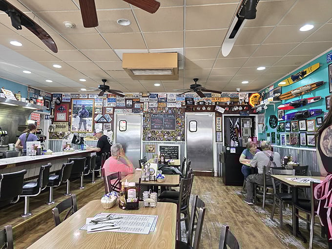 Step inside and feast your eyes before your stomach – every inch of wall space tells stories of happy diners past, while surfboards hang improbably from the ceiling.