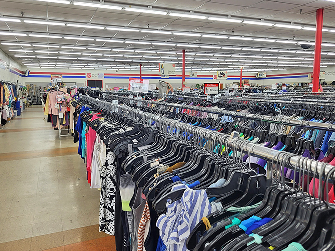 Rack after glorious rack stretches toward the horizon. It's like someone built the Library of Congress, but for fashion instead of books.