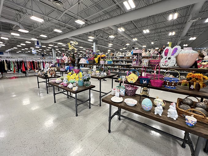 Easter bunnies and seasonal decor create a colorful welcome party. One shopper's discarded decorations become another's holiday masterpiece.
