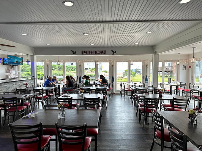 Inside, the bright, airy dining room offers views almost as delicious as the menu. That "Lobster Rolls" sign isn't subtle, but subtlety never filled an empty stomach. 