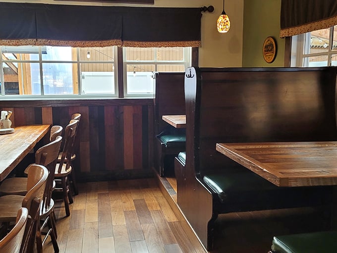 Dark wood paneling and cozy booths create that perfect German gemütlichkeit—a word that roughly translates to "I'm going to need elastic waistband pants."