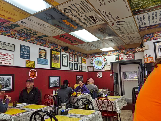 Step inside and the ceiling tells stories – local ads, memories, and quirky notes create a living museum above diners' heads. It's organized chaos that somehow feels like home.