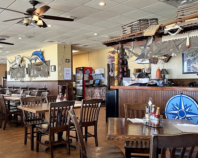 Fishing nets and mounted catches aren't just decor – they're promises of what awaits. The nautical theme says, "Yes, we know our seafood."