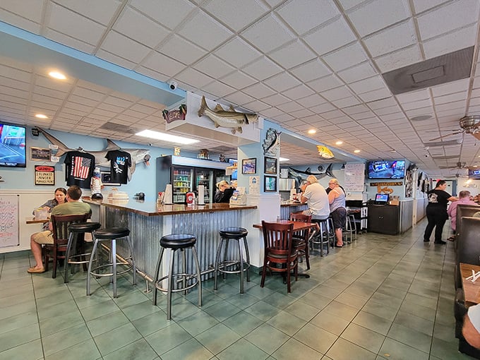 The corrugated metal bar and mounted fish tell you everything: this is a place that respects seafood enough not to dress it up in pretension.